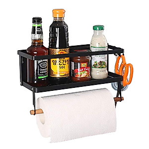 Mukkuri Magnetic Paper Towel Holder Spice Rack for Refrigerator with Hooks,Black