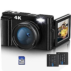 4K Digital Camera 60FPS Auto Focus 48MP Vlogging Video Camera 16X Digital Zoom Camera with 180°Flip Screen Anti-Shake Compact Camera for Beginner 32GB Memory Card