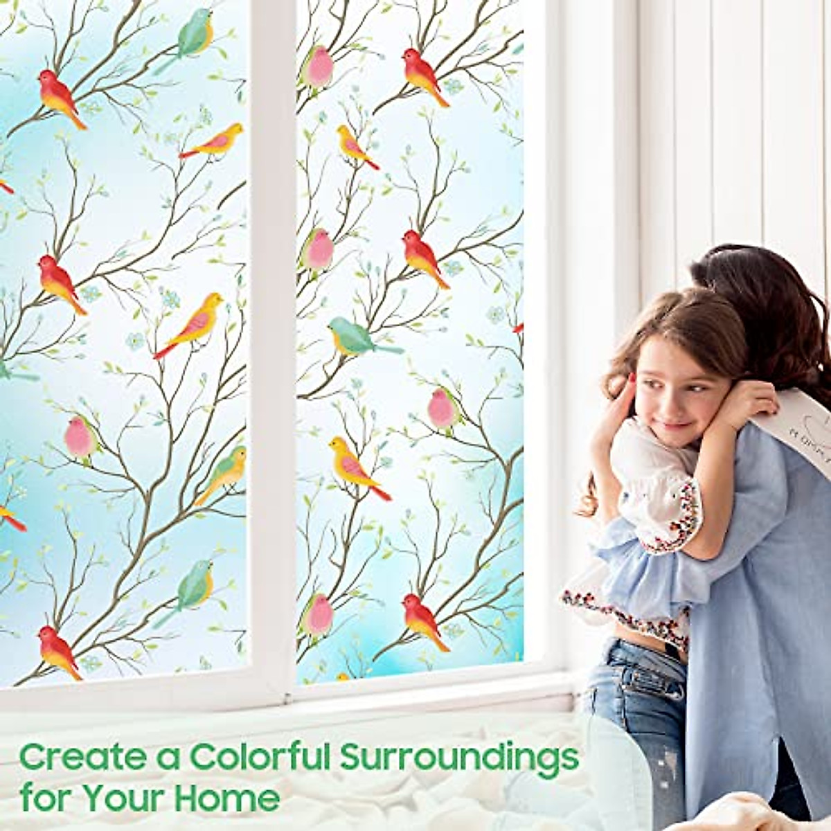 Viseeko Stained Glass Window Film: Bird Window Privacy Film Non-Adhesive Window Clings Room Decor Frosted Window Decals UV Blocker Removable for Bathroom Kids Study Room