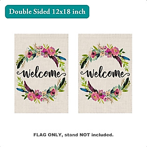 Spring Welcome Burlap Garden Flag (12x18, Double Sided) Small Mini Rustic Farmhouse Watercolor Decorative Yard Flag for Outside