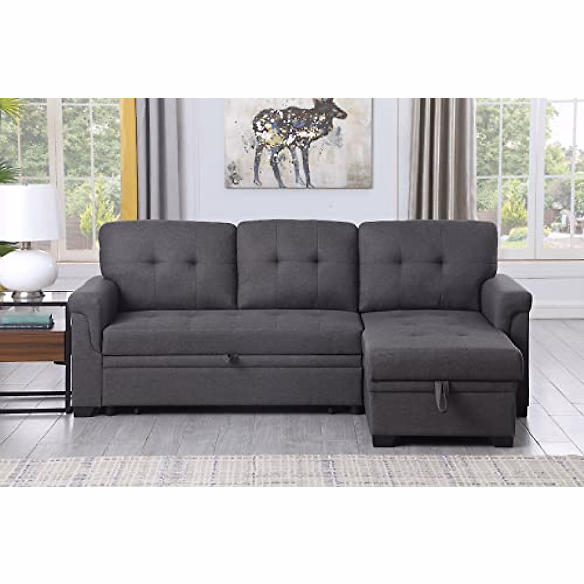SONGG 84'' L-Shape Convertible Sleeper Sectional Sofa with Storage Chaise and Tufted Cushions, 3 Person Linen Upholstered Reversible Corner Couch w/Pull-Out Bed, for Living Room, Apartment