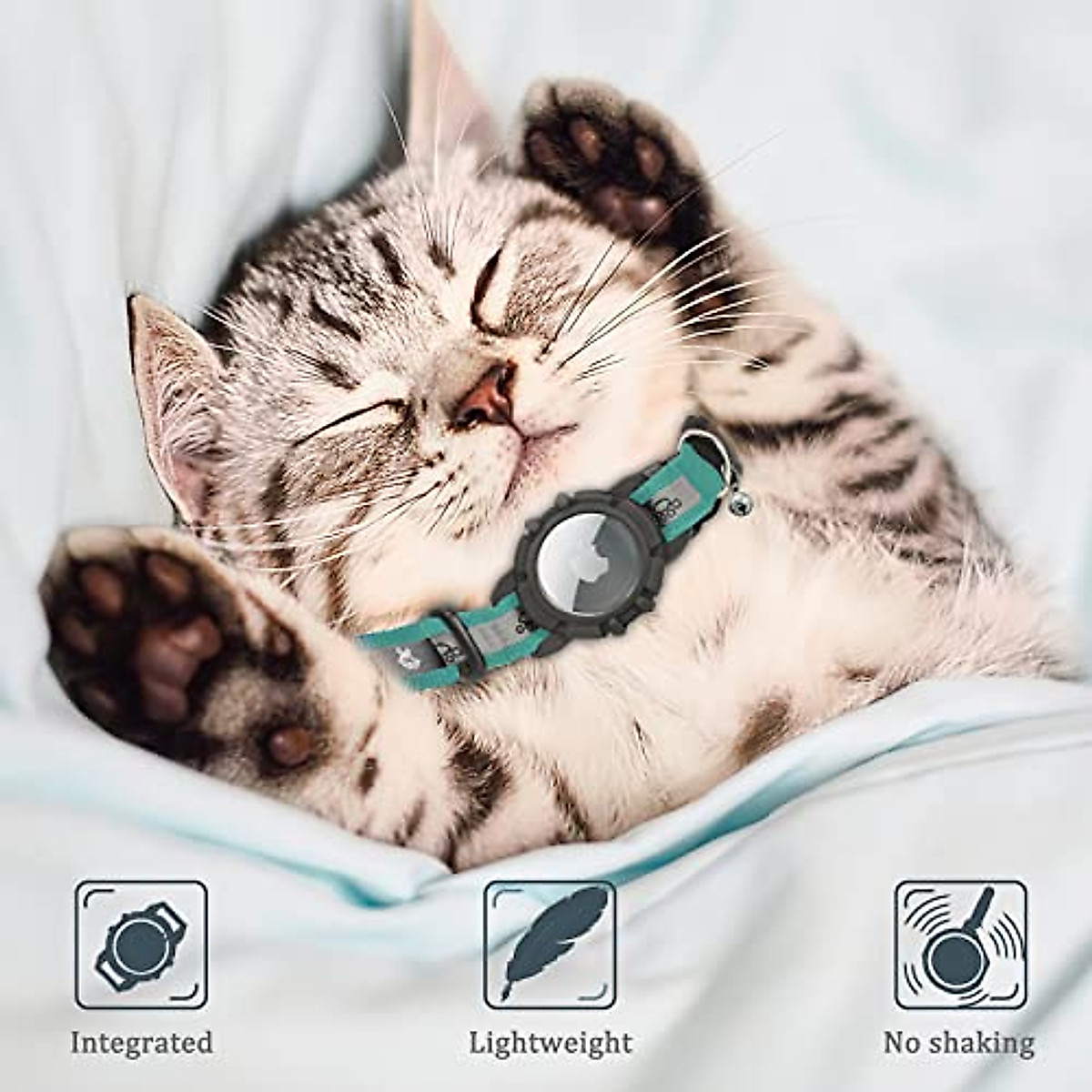 Reflective AirTag Cat Collar, FEEYAR Integrated GPS Cat Collar with Apple Air Tag Holder and Bell, Safety Elastic Band Tracker Cat Collars for Girl Boy Cats, Kittens and Puppies [Green] 7-9 Inch