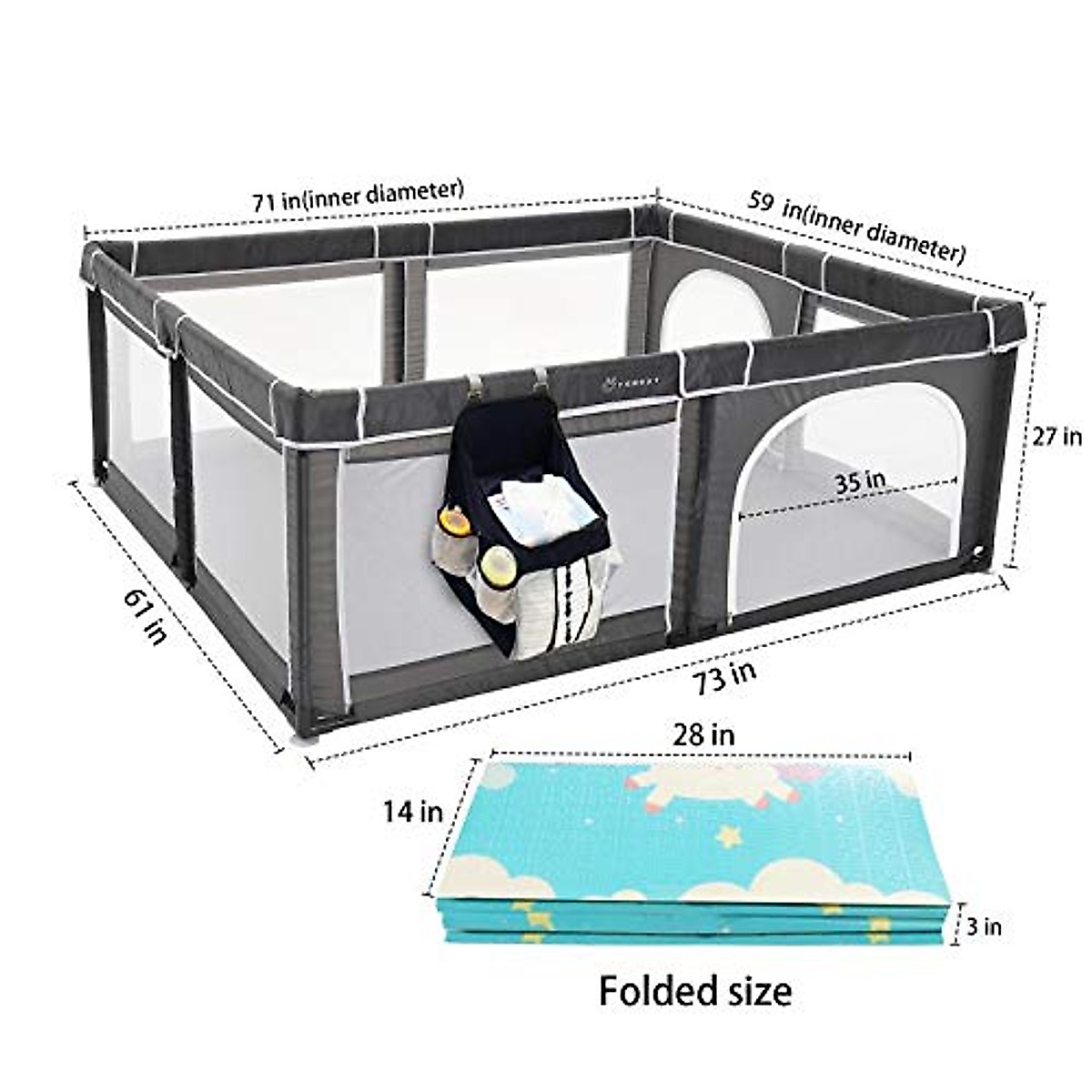YOBEST Baby Playpen, Playard Kit Includes Play Mat x 1, Ocean Ball x 50, Hanging Diaper Caddy x 1, Indoor Outdoor Kids Activity Center, Infants Fences with Gat (Dark Gray)