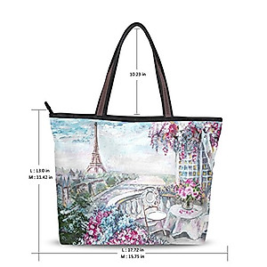 My Daily Women Tote Shoulder Bag Eiffel Tower And Flower Painting Handbag Medium