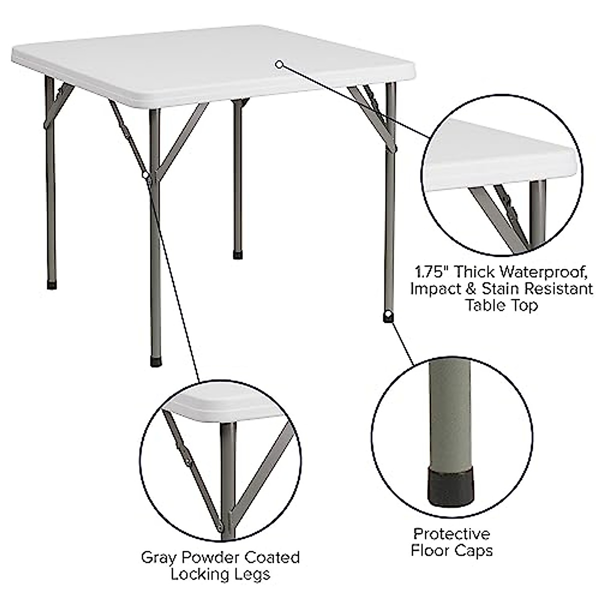 Flash Furniture Elon 2.85-Foot Square Granite White Plastic Folding Table | Waterproof | Impact and Stain Resistant