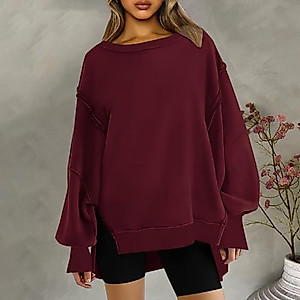 Ceboyel Women Oversized Sweatshirts Loose Fit Corded Sweatshirt Hoodie Crewneck Tunic Pullover Trendy Fall Clothes 2023 Today'S Deals Wine Xl