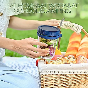 Hoa Kinh Overnight Oat Containers with Lids and Spoon 16oz 2Pack Glass Mason Jars for Overnight Oats, Cereal, Milk, Vegetable and Fruit Salad, Airtight Jars with Two Measurement Marks(Pink and Blue)