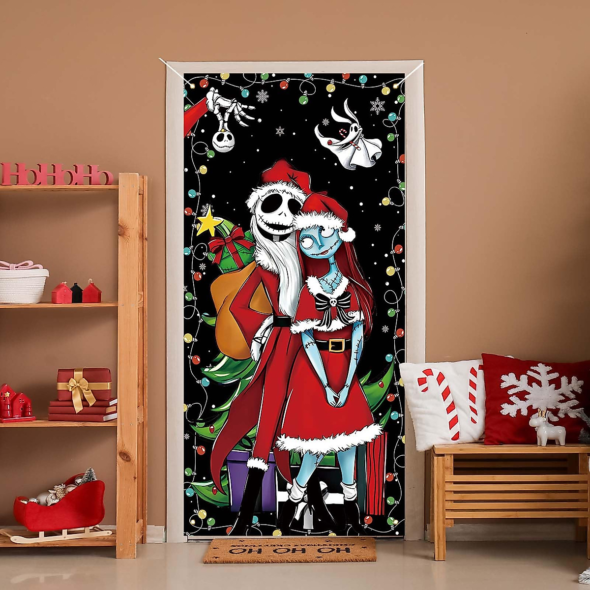 Jack Skeleton and Sally Door Cover Nightmare Before Christmas Front Porch Door Sign Banner Christmas Xmas Winter Holiday Decorations Outdoor Outside for Home