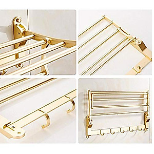 Muti-Function Bathroom Shelf, Space Aluminum Shower Towel Holder, Wall Mounted Double Layer Shelves, Foldable Antirust Towel Rack for Bathroom Hotel 4-Bar 4 Hooks (Color : Gold)