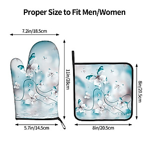 Butterfly Oven Mitts and Pot Holders Sets, Teal Oven Gloves Hot Pads Kitchen Heat Resistant Potholders for Cooking Baking Grilling BBQ