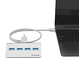 Achoro Premium Quality Computer USB Port Expander – 4 Ports Portable USB Hub - Compatible with MacBook, Windows, iMac, Hard Drive, and PC – High-Speed 3.0 USB HUB (Silver)