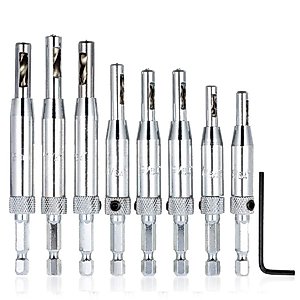 AFUNTA 8 pcs Center Drill Bit Set,Self Centering Hinge Tapper Core Hole Puncher Woodworking Tools for Cabinet Door 5/64'' 7/64'' 9/64'' 11/64'' 13/64'' 5mm 1/4'' with 1 pcs Hex key