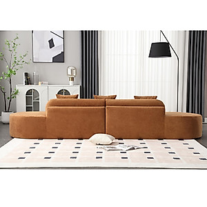 Modern curved sectional sofa - terrycloth fabric sofa, lounge sofa in living room, apartment, no assembly required, three pillows (Brown)
