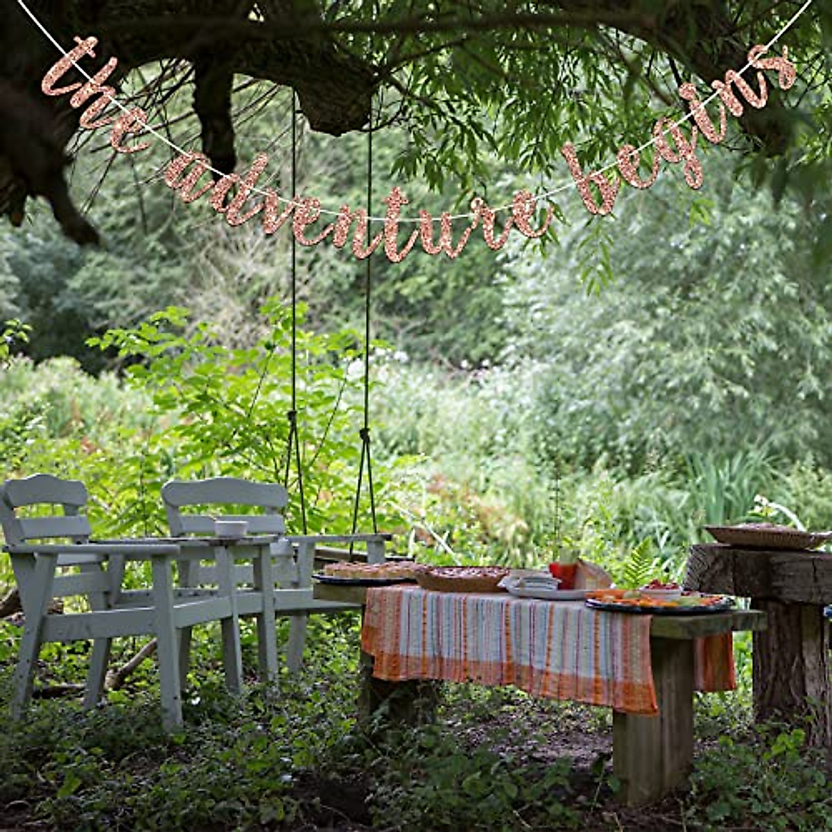 WeBenison The Adventure Begins Banner for Bridal Shower, Baby Shower, Engagement, Job Change, Farewell, Graduation Party Decorations Rose Gold Glitter Retirement Banner
