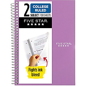 Five Star Small Spiral Notebook, 2-Subject, College Ruled Paper, 9-1/2" x 6", 100 Sheets, Amethyst Purple (840004CF1)