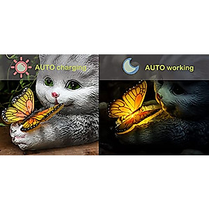 Solar Garden Statue Cat,Garden Figurine Outdoor Decoration with Cat Holding Butterfly for Yard,Patio,Lawn Art Decoration,Housewarming Gift