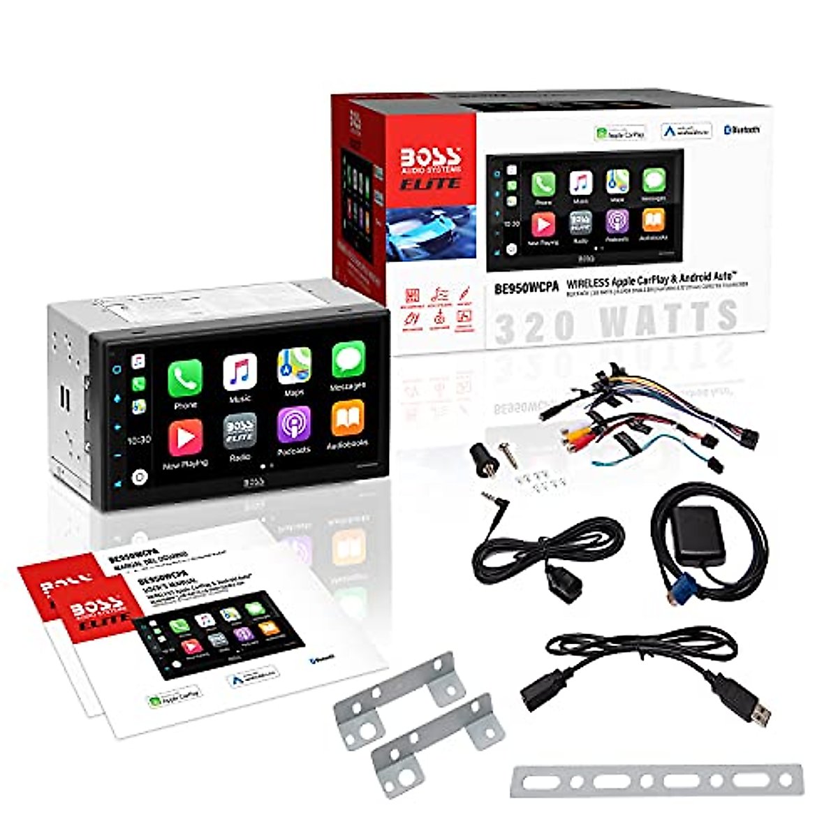BOSS Audio Systems Elite Series BE950WCPA Wireless Apple CarPlay Android Auto Car Multimedia Player - 6.75 Inch Capacitive Touchscreen, Bluetooth, No DVD, Multicolor Illumination, High Resolution FLAC