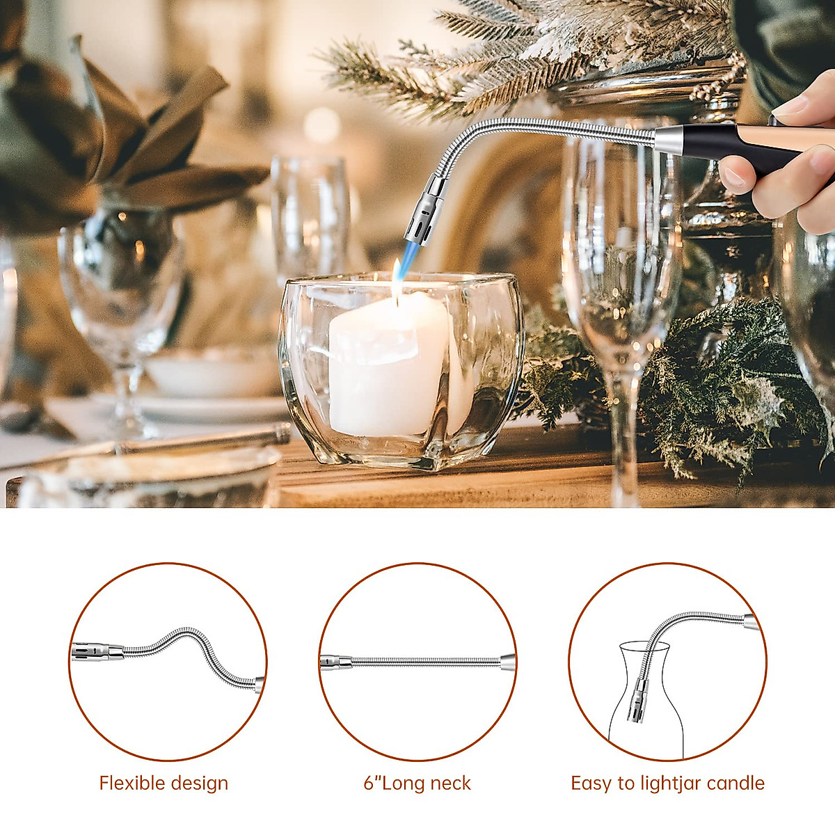 AKOPCF Butane Lighter Long Lighter Refillable Grill Lighter for Candle BBQ, Rose Gold(No Fuel)