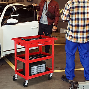 TUFFIOM 3 Tier Rolling Tool Cart, 330 LBS Capacity Industrial Service Cart, Heavy Duty Steel Utility Cart, Tool Organizer with Drawer, Perfect for Garage, Warehouse & Repair Shop (Red)