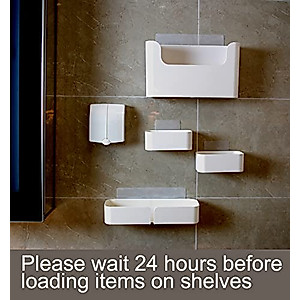 LADYBEE7LES Wall Floating Shelves White 4pcs Set, Self Adhesive Wall Shelf/Bathroom Makeup Wall Organizer/Wall décor/No Drill Plastic Storage Bins, Multi-Sizes, Stickers Included