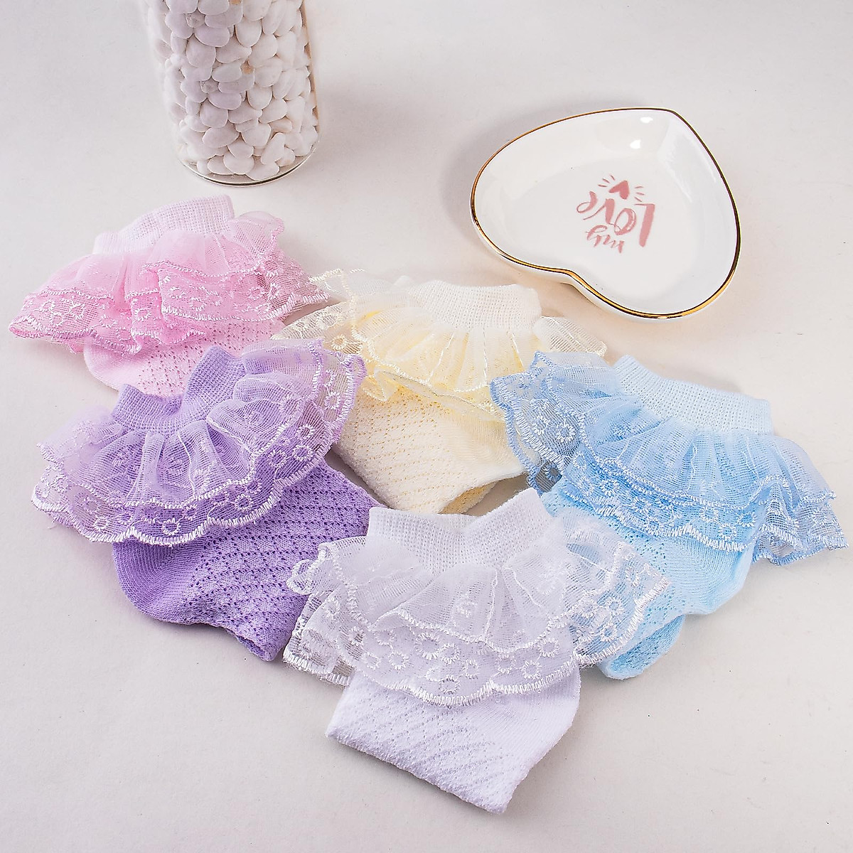 Looching 5 Pairs Toddler Girls Ruffle Lace Socks Cotton Baby Kids Mesh Thin Frilly Ankle Princess Dress Sock 1-9T Multicolor