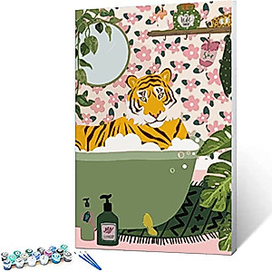 Bathtub Jungle Animal Paint By Bumbers For Adults Beginner Bathroom Tiger DIY Paint by Numbers Acrylic Paint Canvas Pink Flower Bedroom Decor Painting Kits Pink House Art 20x16 Inch （Without Frame ）