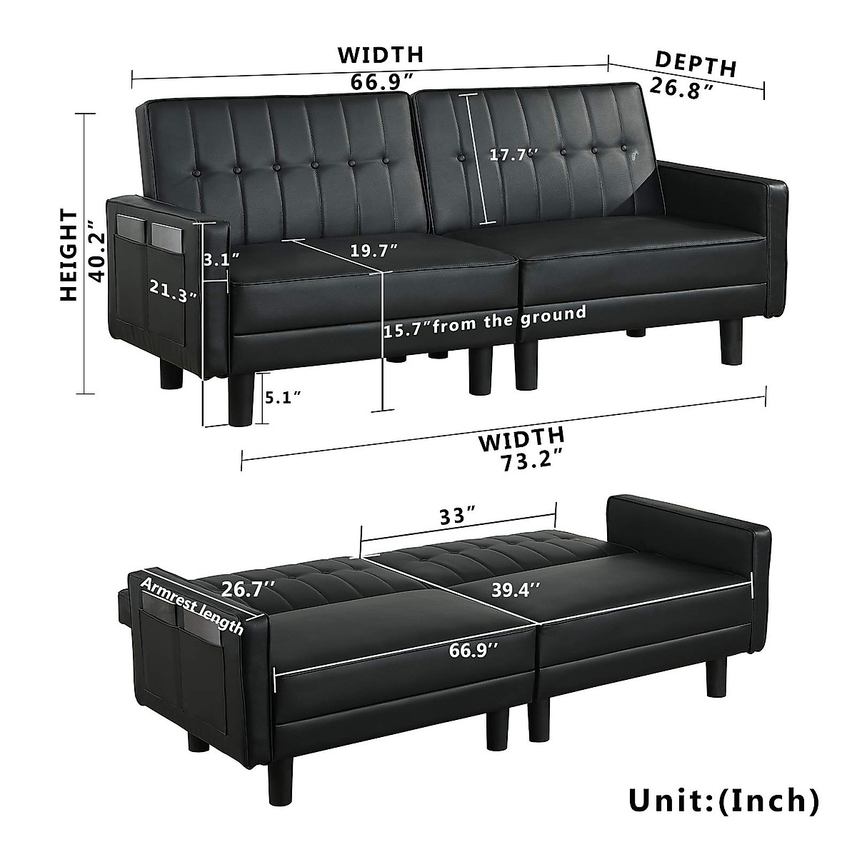 IPKIG 73.2" Futon Sofa Bed, Convertible Sleeper Sofa, Loveseat Couch, Faux Leather Split-Back Sofabed for Small Spaces Room Home Office Hotel with Adjustable Backrest and Side Pockets (Black)