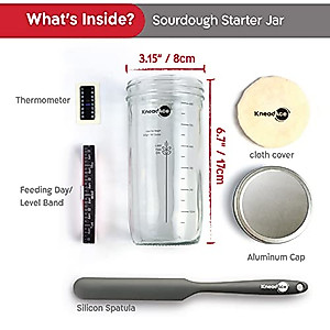 KneadAce Sourdough Starter Jar With Date Marked Feeding Band, Thermometer, Sourdough Jar Scraper, Sourdough Container Sewn Cloth Cover & Metal Lid, Sourdough Starter Kit For Sourdough Bread Baking