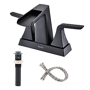 NEWATER 2-Handle Waterfall Brass Bathroom Sink Faucet 4-Inch Centerset 2-3Hole RV Modern Bath Vanity Faucets Mixer Tap Deck Mounted with Metal Pop Up Drain & Supply Lines，Matte Black