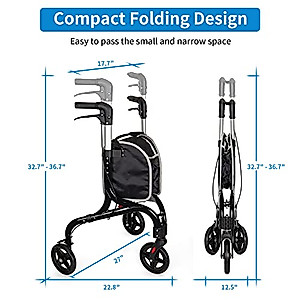 Planetwalk Premium 3 Wheel Rollator Walker for Seniors - Ultra Lightweight Foldable Walker for Elderly, Aluminum Three Wheel Mobility Aid, Black