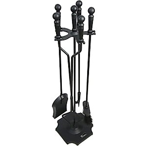 VODA Fireplace Tools Set 5 Pieces 31.5In Cast Iron Indoor Fireside Accessories Large Fire Place Tool Set Outdoor Holder Fire Kit Stand Wood Stove Log Shovel Brush Tong and Fireplace Poker