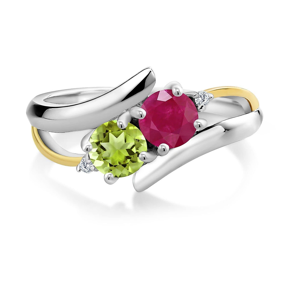 Gem Stone King 1.12 Ct Round Red Ruby Green Peridot 925 Silver and 10K Yellow Gold Lab Grown Diamond 2 Stone Crossover Ring (Size 7)