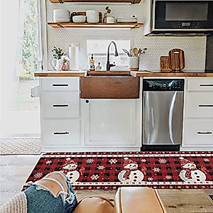Kitchen Mat Rug 1 PCS Christmas Tres Snowman Snowflake Black and Red Plaid Buffalo Runner Rug Anti-Fatigue Comfort Memory Foam Standing Mat Non-Slip Floor Door Mat for Bathroom Bedroom 18x47in