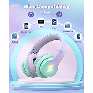 seenda Kids Bluetooth Headphones, Colorful Wireless Over Ear Headset with 85dB/94dB Volume Limited, 45H Playtime, 3 Lighting Modes, Built-in Mic Headphones for Boys Girls iPad Tablet School Green