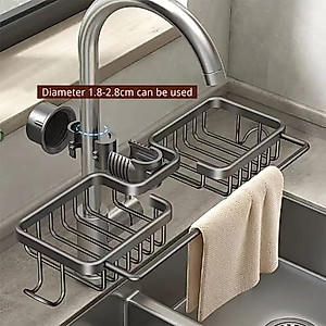 LuLusmoda Kitchen Sink Rack Faucet Sponge Holder Over The Sink Organizer Faucet Rack with Hook，A Free Dish Cloth Note：Round Pipe with Diameter 0.7-1.1 Inchs Can Be Used(Aluminum，Double,Elegant Gray