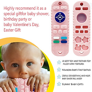 Remote Control Teether Toy for Babies 6 to 12 Months,Baby Teething Toys Tv Remote Shape with Pacifier Clip（Pink）
