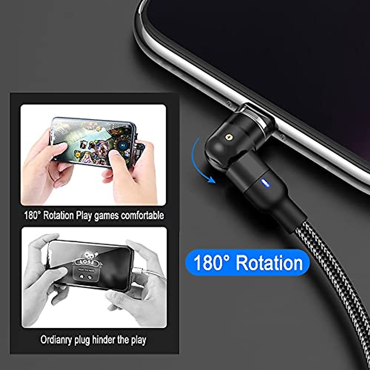 Melonboy 360°&180° Rotation Magnetic Charging Cable[6-Pack, 1.6ft/3.3ft/3.3ft/6.6ft/6.6ft/10ft], Magnetic Phone Charger, 3 in 1 Magnetic Cable Compatible with Micro USB, Type C - Black