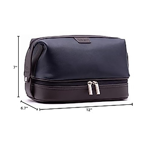 Vetell Leo Large Leather Men's Travel Toiletry and Shaving Case Bag with Upper and Lower Zippered Compartments, 3 Interior Loops and Carrying Handles