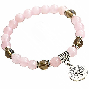 Heart Healing Bracelet with Charm Natural Semi-Precious Stone Beads Rose Quartz + Smoky Quartz Tree of Life Handmade Bracelet USA HANDMADE