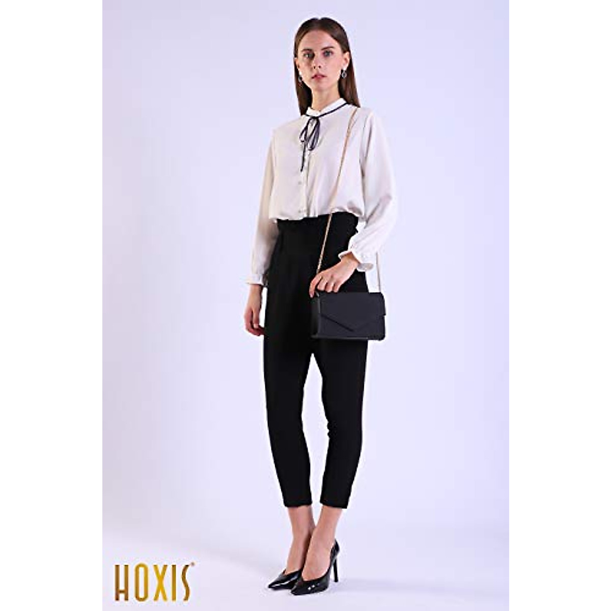 HOXIS Minimalist Evening Envelope Clutch Chain Shoulder Bag Women Faux Leather Suede Purse (Black)
