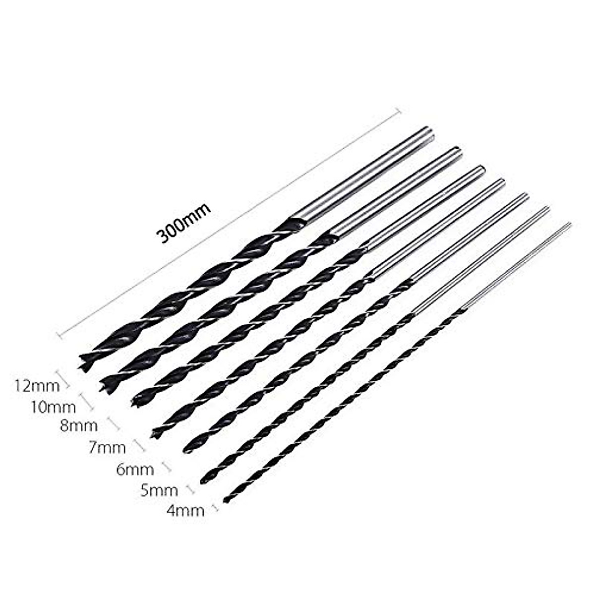 OSOF 7Pcs 12" Extra Long Wood Drill Bit 4/5/6/7/8/10/12mm 300mm Brad Point Wood Working Tool + 8Pcs Drill Stop Set for 1/8,3/16,1/4,5/16,3/8,7/16,1/2,5/8inch Diam Drill Depth Stop Collar Ring Bit