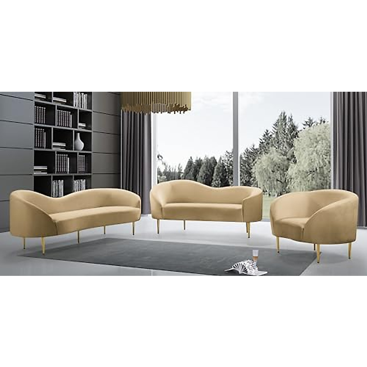Meridian Furniture 659Camel-S Ritz Collection Modern | Contemporary Upholstered Sofa with Rich Camel Velvet, Gold Metal Legs, Curved Contemporary Design, 85.5" W x 31.75" D x 30.5" H, Camel