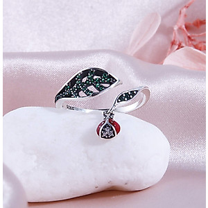 Helen de Lete Ladybug on Tree Leaf S925 Sterling Silver Adjustable Ring