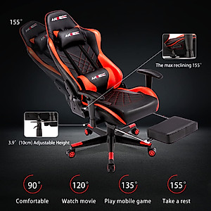 ANBEGE Gaming Chair Retractable Footrest 2D Armrest Office Chair Height Adjustable Leather High Back Ergonomic Headrest Massage Lumbar Cushion Swivel Rocker Recliner Computer Chair (RED)