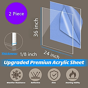 GetWant 24x36 Plexiglass Sheets - 1/8 inch Thick - 2 Pack 24x36 Clear Acrylic Sheets - 3mm Thick Lucite Acrylic Board - Idea for Frames,Windows,Displays,Signage,Crafts - Custom Cut to Size Plexiglass