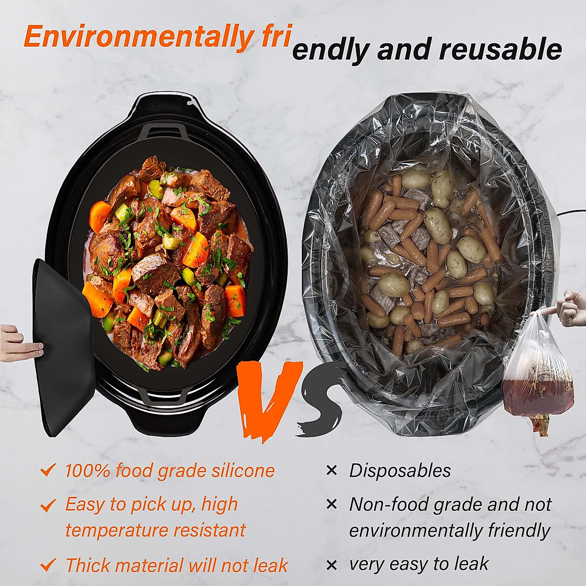 Slow Cooker Liners fit Crock-Pot 7-8 Quart Oval Slow Cooker, Reusable & Leakproof Dishwasher Safe Cooking Liner with Double Handle of Slow Cooker Liners fits 7-8QT Crock Pot