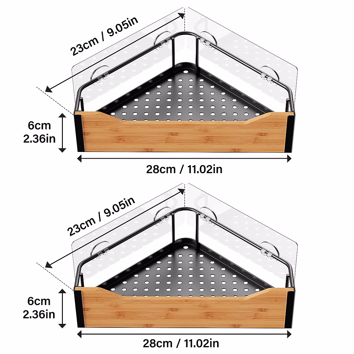 Thideewiz Corner Shower Caddy, 2 Pack Adhesive Shower Corner Organizer Shelves, No Drilling Stainless Steel Shower Storage Rack, Wood Grain Shower Organizer with 4 Hooks for Bathroom, Kitchen