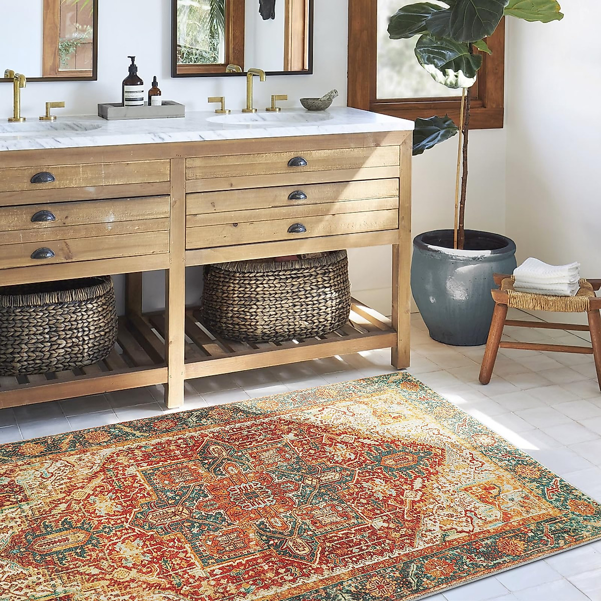 TECHMILLY 5x7 Area Rugs, Machine Washable Rugs Vintage Design, Traditional Non Slip Rugs for Living Room, Bedroom,Rust