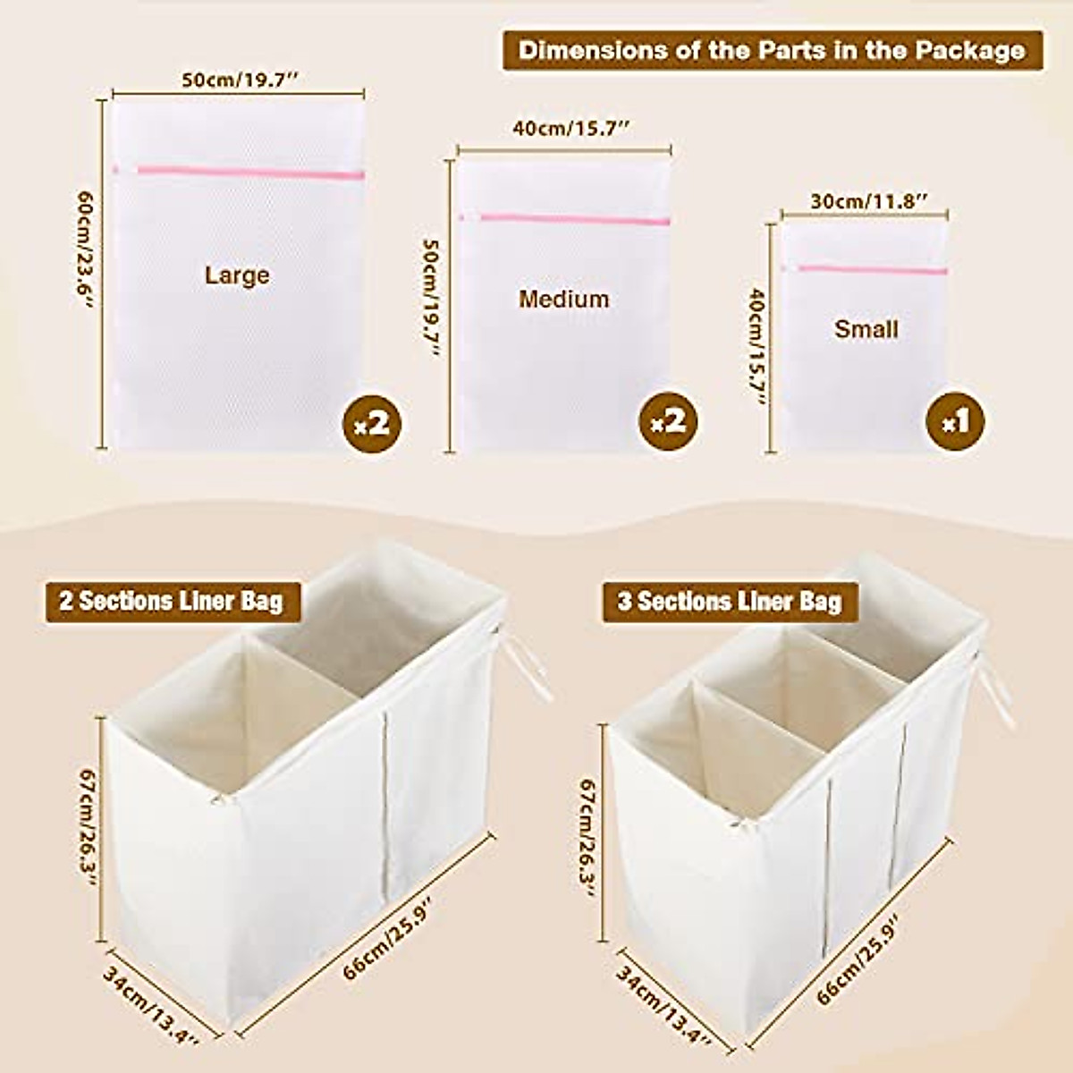 GREENSTELL Laundry Hamper with Lid, 125L Large 3 Sections Clothes Hamper with 2 Removable Liner Bags & 5 Mesh Laundry Bags, Handwoven Synthetic Rattan Divided Laundry Basket Brown