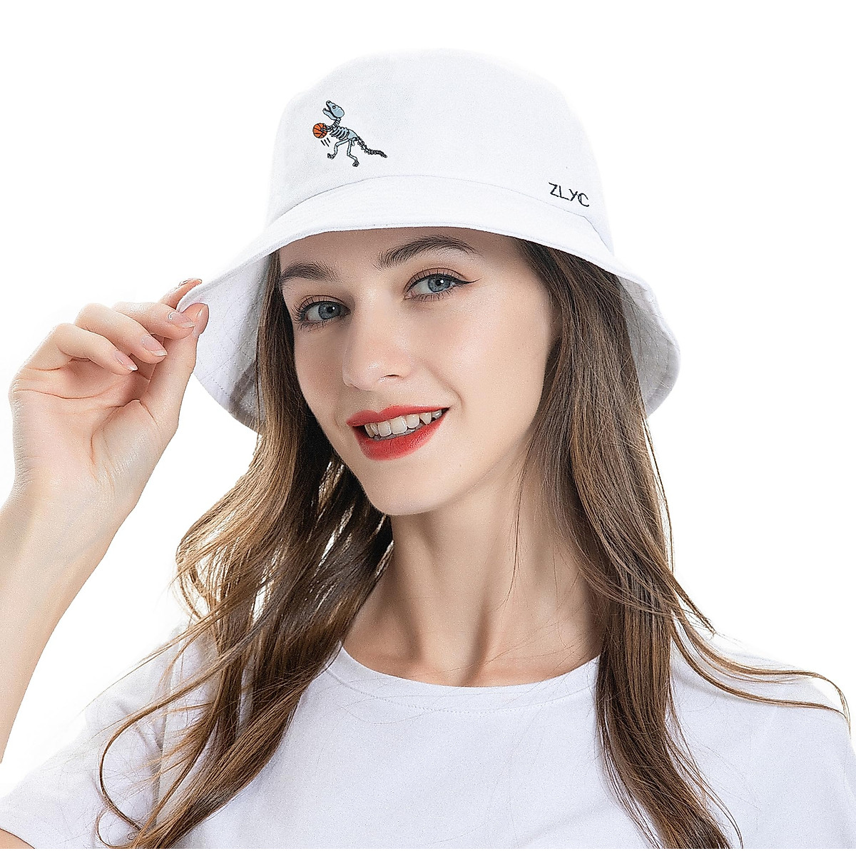 ZLYC Unisex Fashion Embroidered Bucket Hat Summer Fisherman Cap for Men Women Teens (Dinosaur Skeleton White)